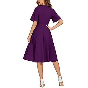 MUADRESS Women Vintage Cocktail Dresses Modest Short Sleeve Classic Tea Dresses Bridesmaid Party Homecoming Dress Grape S