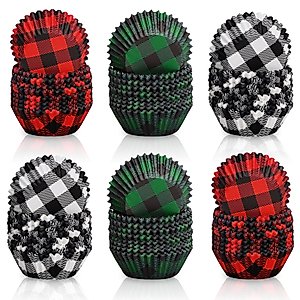 Whaline 600Pcs Christmas Cupcake Wrappers 3 Colors Buffalo Plaid Cupcake Liners Disposable Cupcake Liners Holders Paper Muffin Cups for Baking Home Kitchen Christmas Party Supplies