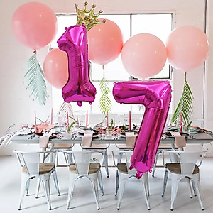 YFHVJTKO 32 Inch Number 17 Gold Crown Balloon Set,17th Celebration Decorations for Happy 17th Birthday Party Wedding Bridal Shower Engagement Photo Shoot Anniversary Decoration, Rose Red 17 Balloon