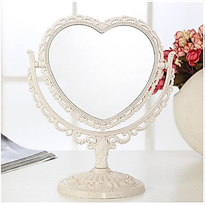 JDPEYI-Heart Shaped Mirror - Coquette Room Decor for Desk & Vanity -Double-Sided Rotatable Cute Magnifying Mirror with Stand (Beige)