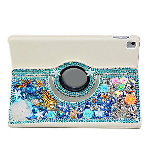 STENES Bling Case Compatible with Samsung Galaxy Tab S7 FE 12.4-inch 2021 - Stylish - 3D Handmade Mermaid Flowers Floral 360 Degree Rotating Stand Case with Smart Cover Auto Sleep/Wake - Navy Blue