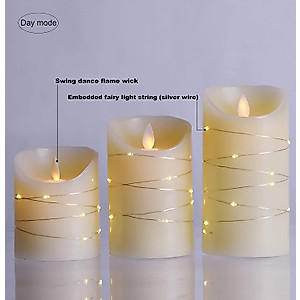 DANIP White LED flameless Candle with Embedded Star Light String, Three Piece LED Candle, with 11 Key Remote Control, 24-Hour Timer Function, Dancing Flame, (Ivory White)