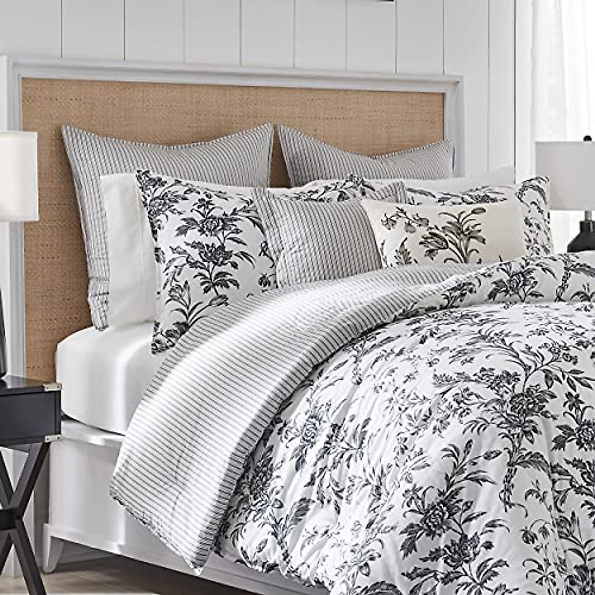 Laura Ashley - Queen Comforter Set, Reversible Cotton Bedding, Includes Matching Shams with Bonus Euro Shams & Throw Pillows (Amberley Black/White, Queen)