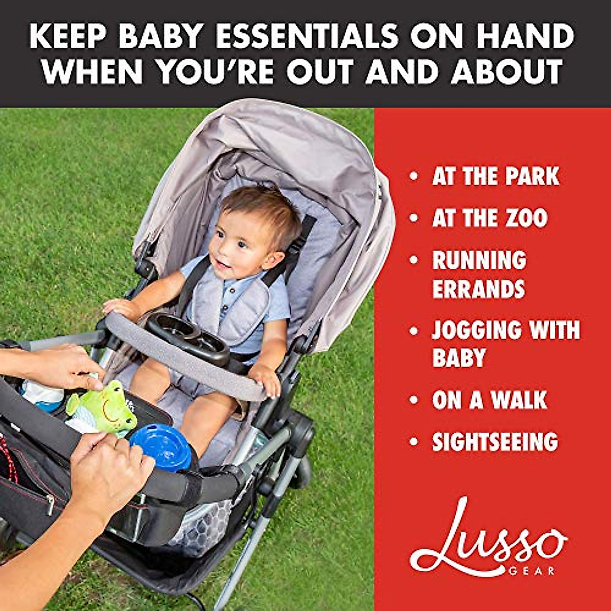 Lusso Gear Stroller Organizer With Cup Holder - Fits Strollers, Stroller Accessory for Baby Storage On the Go, Stroller Caddy With Multiple Storage Sections, Secure Fit Won’t Slip or Slide (Red)