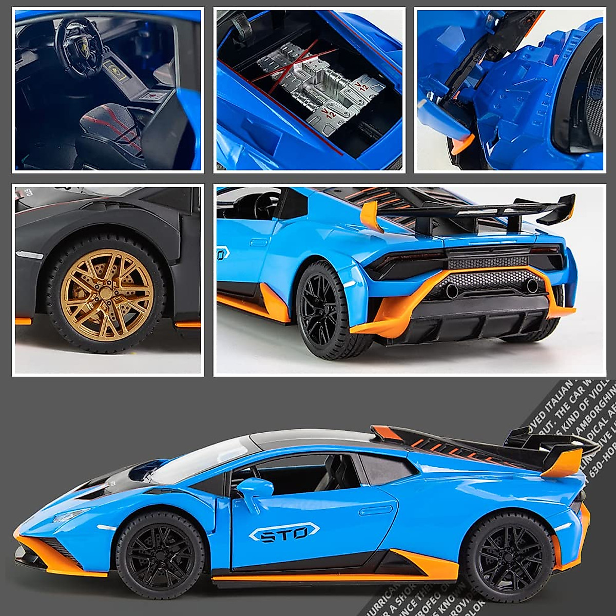 1:24 Alloy Diecast Car Model for Lamborghini Huracan STO 2021 Toy Car, Pull Back Vehicles Model Cars Toy for Kids 3 to 12 Years Old Gift Adult Collection Car Model with Light & Sound (Vibrant Blue)