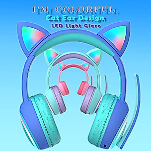 Fouetoway Cat Ear Kids Headphones with Bluetooth &Wired, On-Ear Headset Cute LED Light Up with Microphone for Kids Learning,Gaming,Music,Compatible with Laptop/PC/TV/Smartphones(Blue)