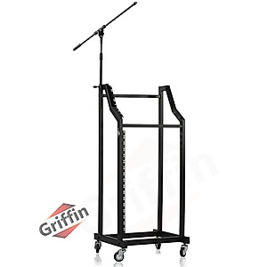GRIFFIN Rack Mount Cart Stand & Top Mixer Platform 25U | Rolling Music Studio Booth Case Holder | Pro Audio Recording Cabinet Mount Rails | Sound Stage Equipment DJ Gear Display for Amplifier, Effects