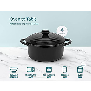 Kook Ceramic Mini Cocotte Set, Small Casserole Dishes with Lids and Handles, Individual Baking Ramekins, Oven, Microwave & Dishwasher Safe, Stoneware, 12 oz, Set of 4