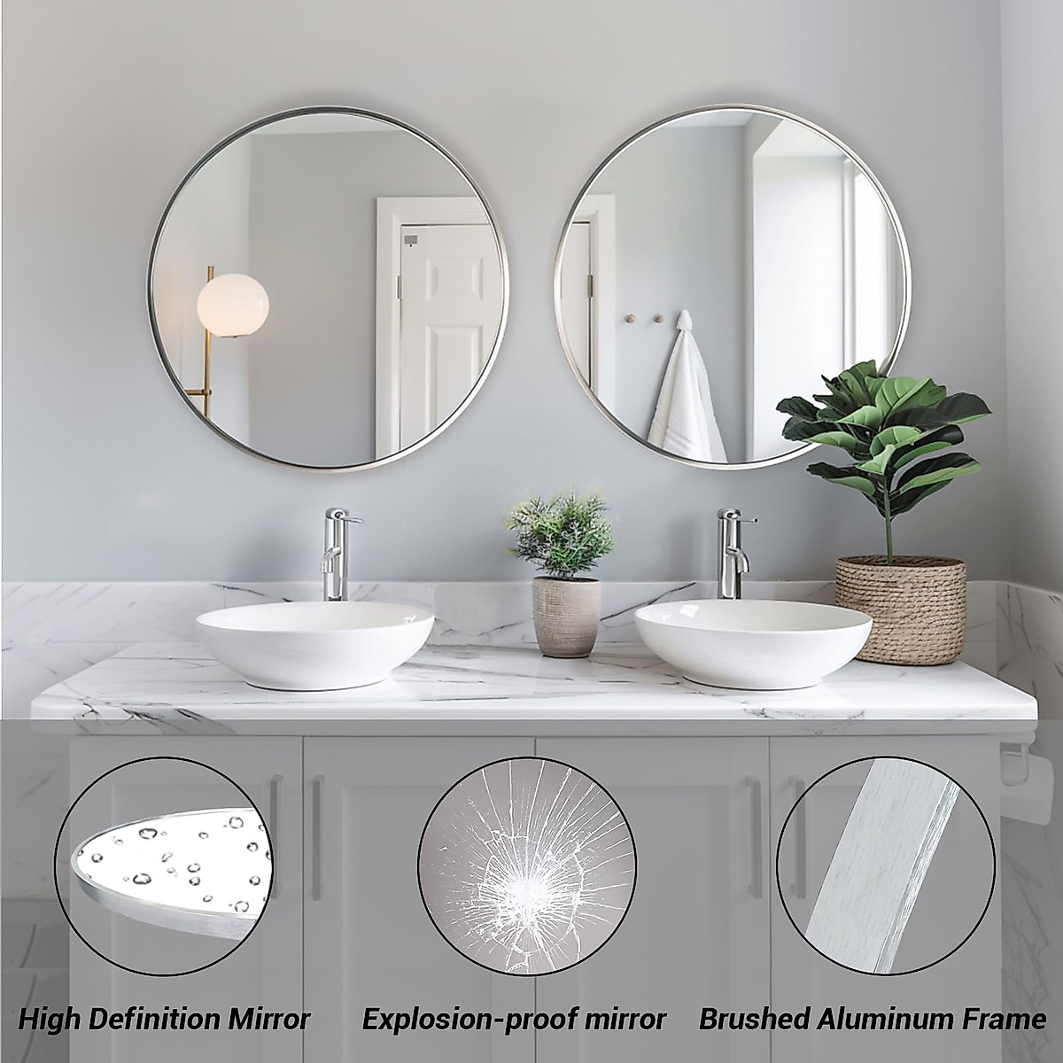 Sunniry Silver Round Mirror, Round Mirror 24 inch, Round Bathroom Mirror, Silver Circle Mirror Metal Frame, Round Mirrors for Living Room, Bathroom, Wall, Hallway.