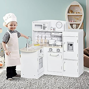 Qaba Kids Play Kitchen Set Pretend Wooden Cooking Toy Set with Drinking Fountain, Microwave, Fridge and Accessories for Age 3 Years, White