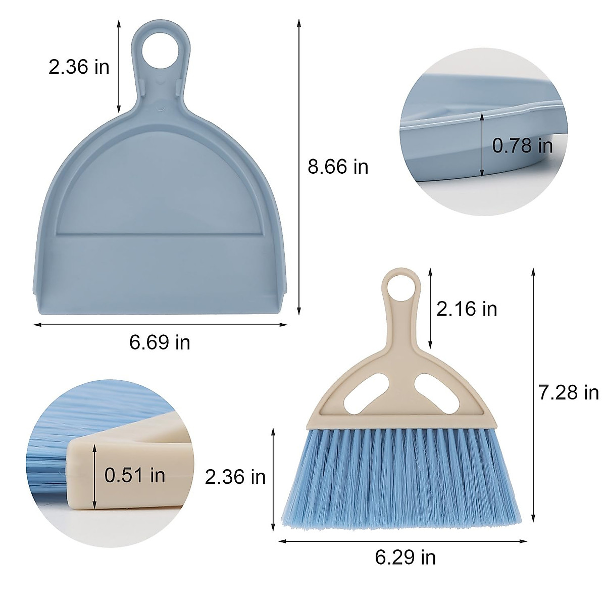 Brosay Mini Dustpan and Brush Set Portable Small Broom with Dust Pan Handheld Hangable Whisk Broom and Dust Pan for Home, Kitchen, Table, Office, Car 1 Pcs (Blue)