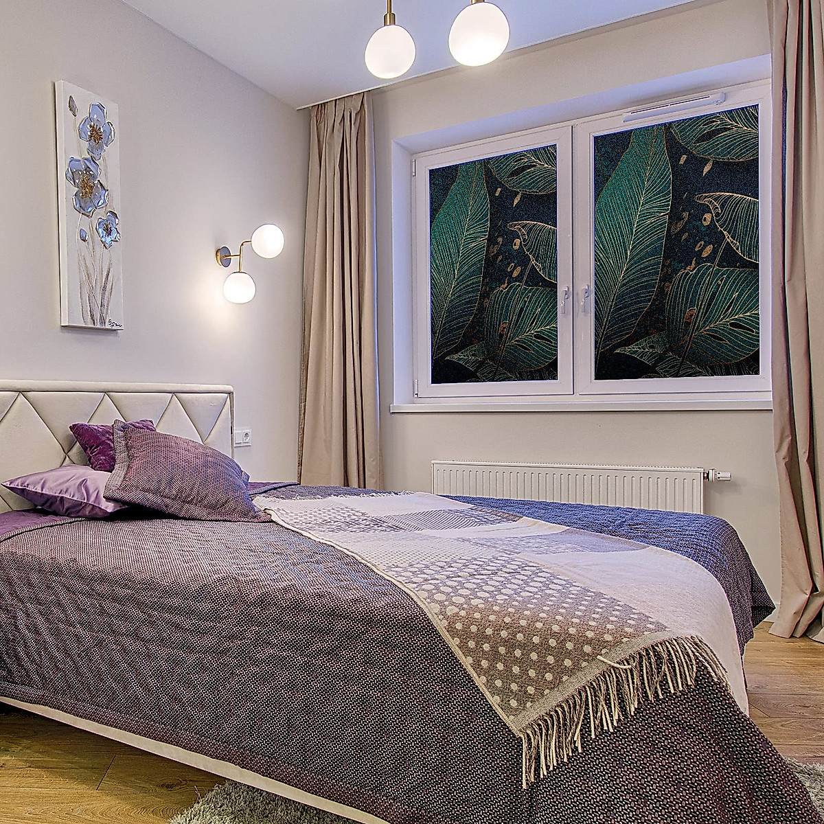 BoeHiop Window Privacy Film, Luxury Gold Green Palm Leaves Frosted Window Clings, Decorative Glass Covering Decals, Non-Adhesive Vinyl, 17.7 x 23.6 in