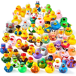 JOYIN 60 Pcs Rubber Ducks, Random Assortment Jeep Ducks Bulk with Mesh Carry Bag, Mini Rubber Duckies for Toddler Baby Bath Toys, Kids Bath Pool Toys Birthday Gifts Party Favors
