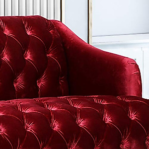 GDFStudio Esther Modern Glam Tufted Velvet 3 Seater Sofa, Wine and Walnut