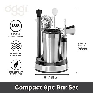 OGGI Compact Stainless Steel 8-Piece Bar Tool Set- Bartender Kit w/Stand, Stainless Steel Cocktail Set, Ideal Bar Accessories, Barware Set is Perfect for Bar Cart or Home Bar