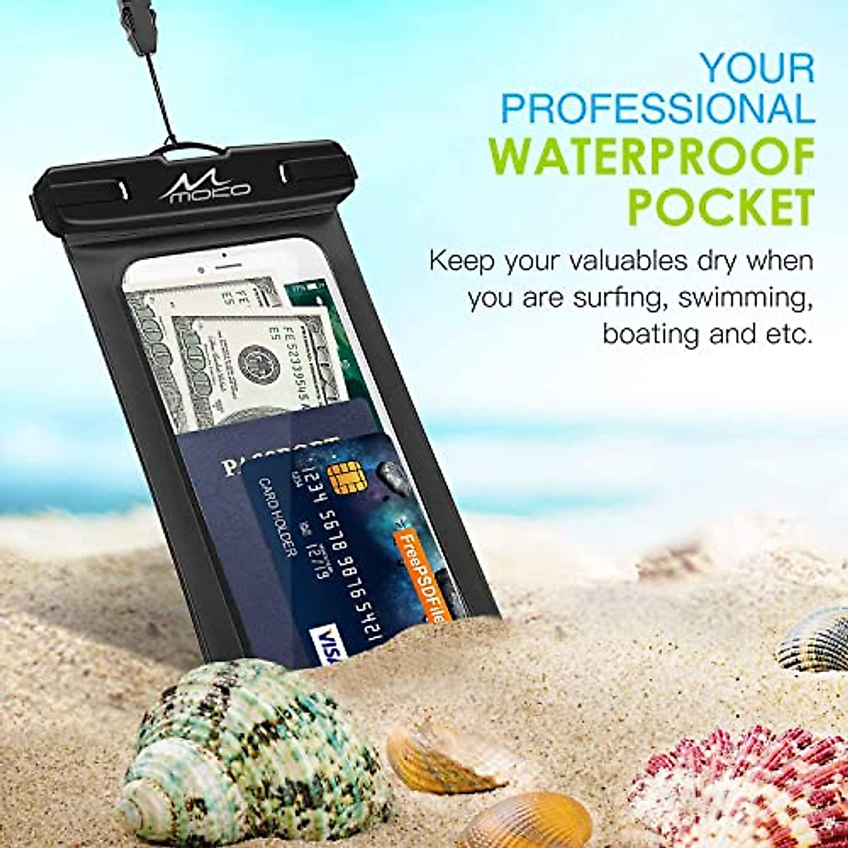 MoKo Waterproof Phone Pouch Holder, Cellphone Case Dry Bag with Lanyard Armband Compatible with iPhone 14 13 12 11 Pro Max, Samsung S21/S20/S10, Black
