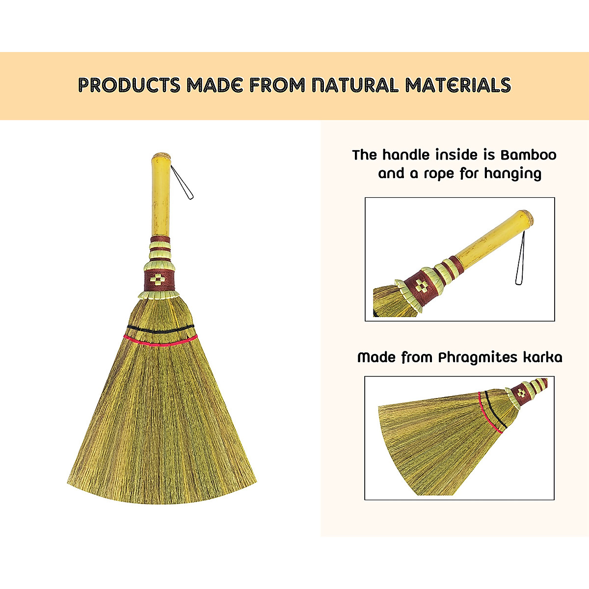 Handmade,Natural Grass Asian, Whisk Broom Thai, Handle Bamboo, Soft Brush Mini with Solid Wood Handle Retro Nature No Static Electricity Sweeping 13in