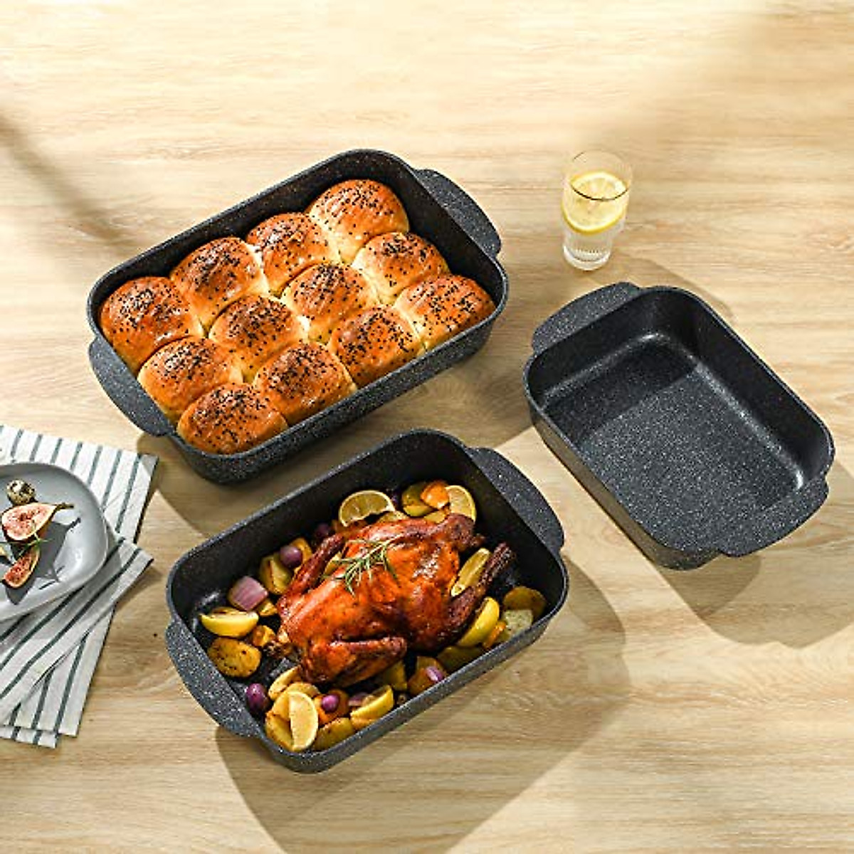 S·KITCHN Set of 3 Nonstick Roasting Pan Baking Dishes for Lasagna, Casserole and Bread Baking Pan, Large & Deep Lasagna Pan with Handles