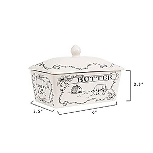 Creative Co-Op Country Stoneware Butter Dish with Lid, "Spread the Love" Message, and Farm Line Drawing, White and Black