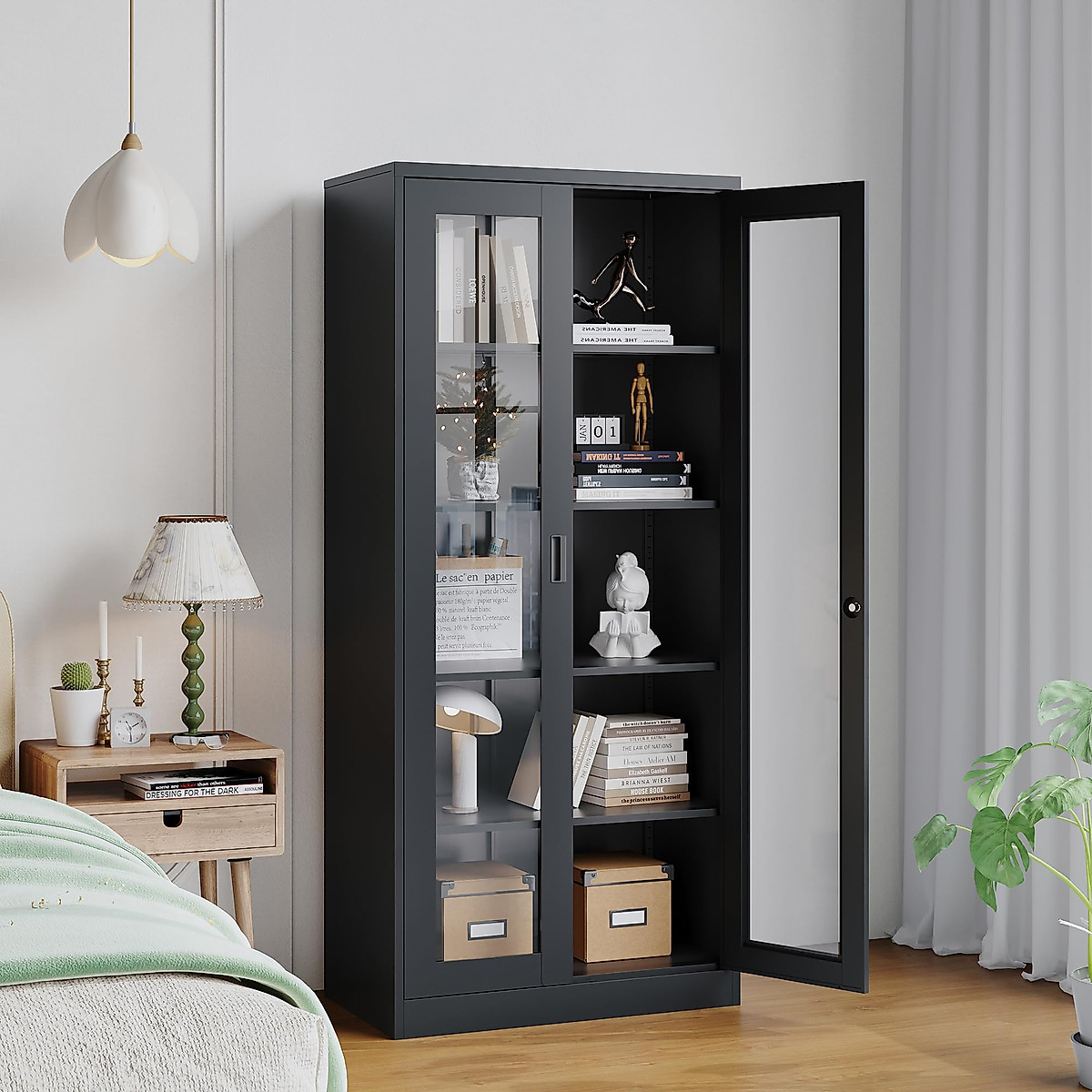 LISSIMO Tall Bookcase Storage Cabinet with Tempered Glass Door,Metal Display Cabinet with 4 Adjustable Shelves,5-Tier Curio Cabinet Liquor Cabinet for Home,Study,Living Room and Office (Black)