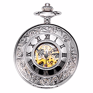 TREEWETO Men's Retro Mechanical Pocket Watch Silver Double Case Roman Numerals Gift for Man with Box