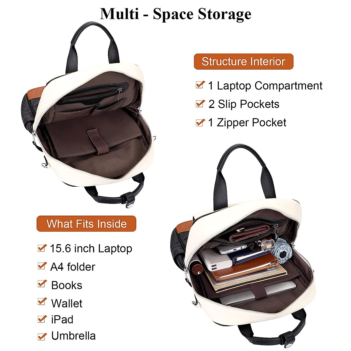 ALTOSY Leather Laptop Backpack for Women Men Convertible Tote Bag Purse Travel Daypack Fits 14 Inch (S110 Black/White/Brown)