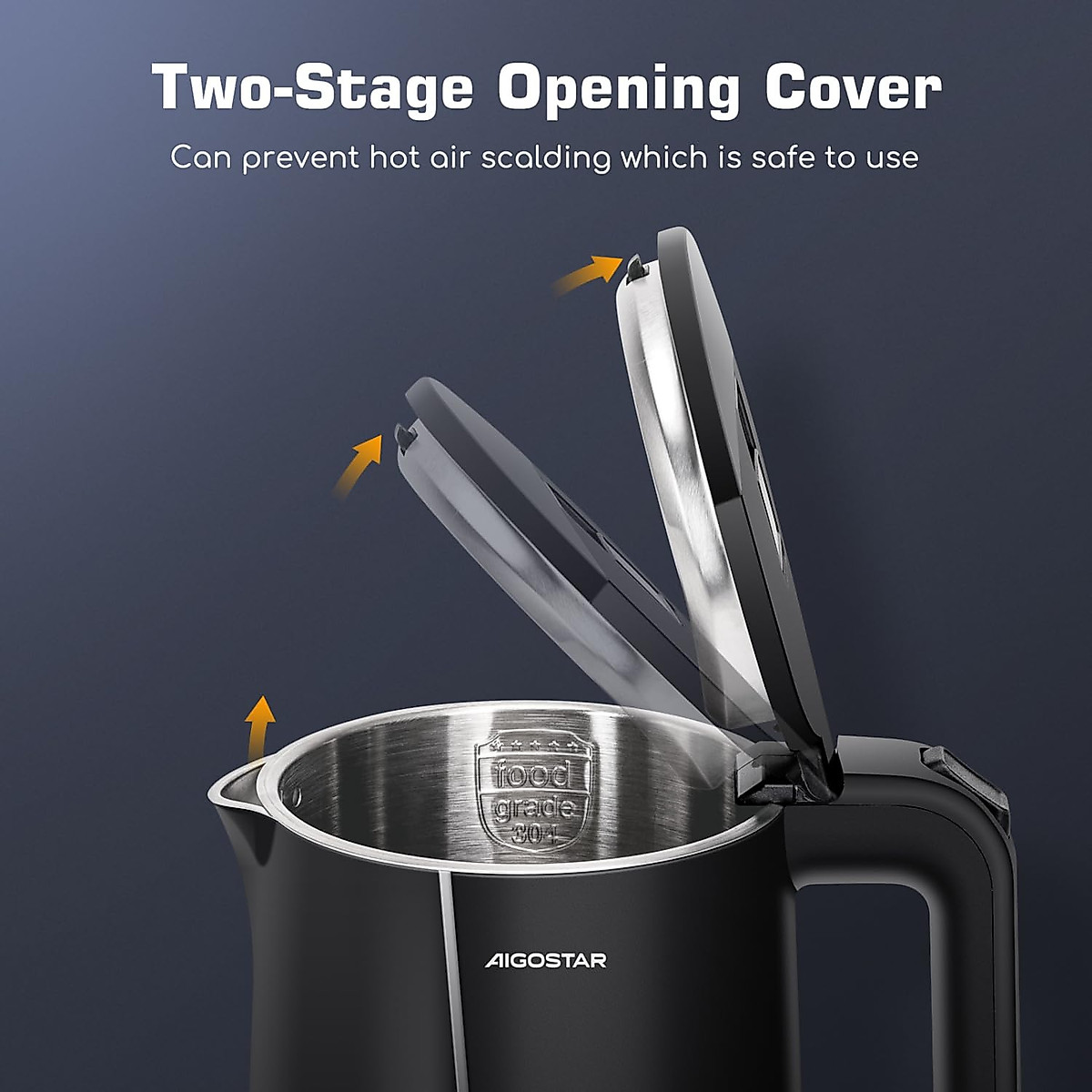 Aigostar Electric Kettle, 1.7L Double Wall 304 Stainless Steel Interior Hot Water Boiler Heater, Cool Touch Electric Tea Kettle, 1500W Fast Boiling, Auto Shut-Off, Boil Dry Protection, BPA-Free, Black