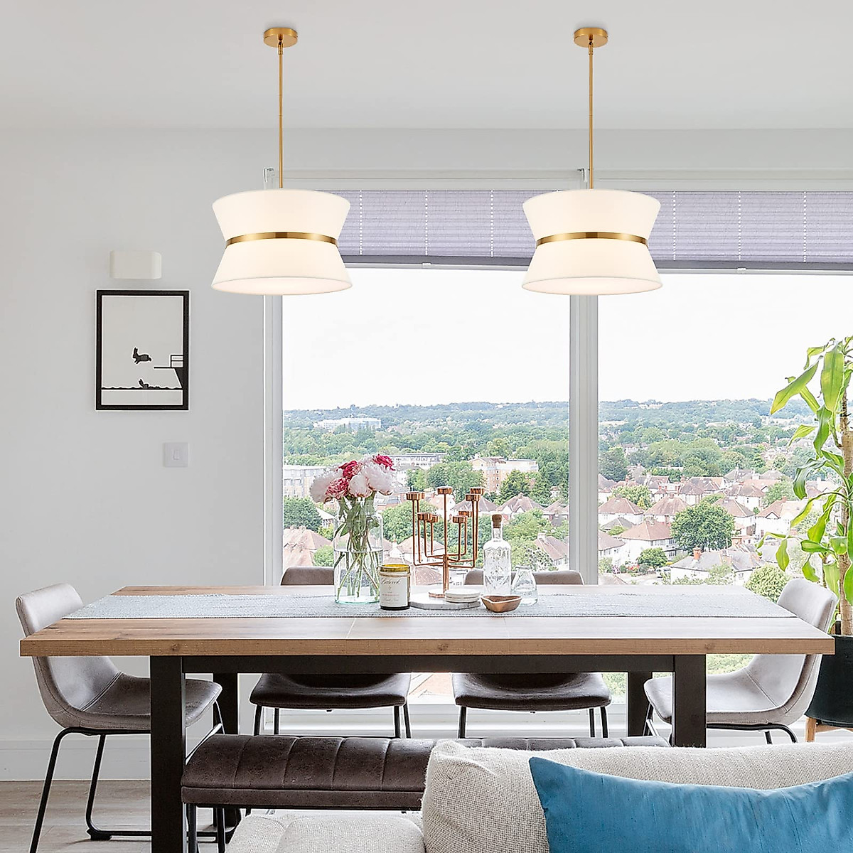 ELYCCUPA Modern Chandelier with Off-White Fabric Shade and Brass Finished Adjustable Pendant Light for Kitchen Island Living Room Bedroom Hallway, E26, Dia 18 Inch, UL Listed