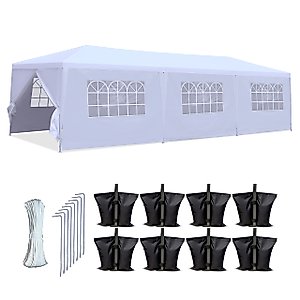 SereneLifeHome Pop Up Canopy Tent - 10x30 Portable Commercial Instant Shelter Foldable/Collapsible Sun Shade Waterproof Tent w/ 8 Walls - 8 Sand Bag, 8 Stake & Ropes White (SLTET30NG)