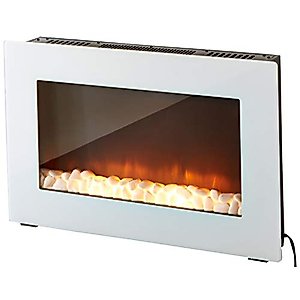 Cambridge Callisto 30 Inch Wall Mounted Flat Panel Electric Fireplace Heater with Remote Control, Realistic Flames, and Crystal Rock Display for Living Room, Bedroom, Home Office, White