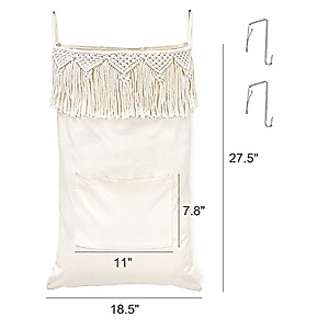 Mkono Macrame Hanging Laundry Hamper with Over The Door Hooks Saving Space Laundry Bag with Zipper and Wide Open Top Boho Decor Hanging Dorm Dirty Clothes Hamper, for Bathroom Home Travel