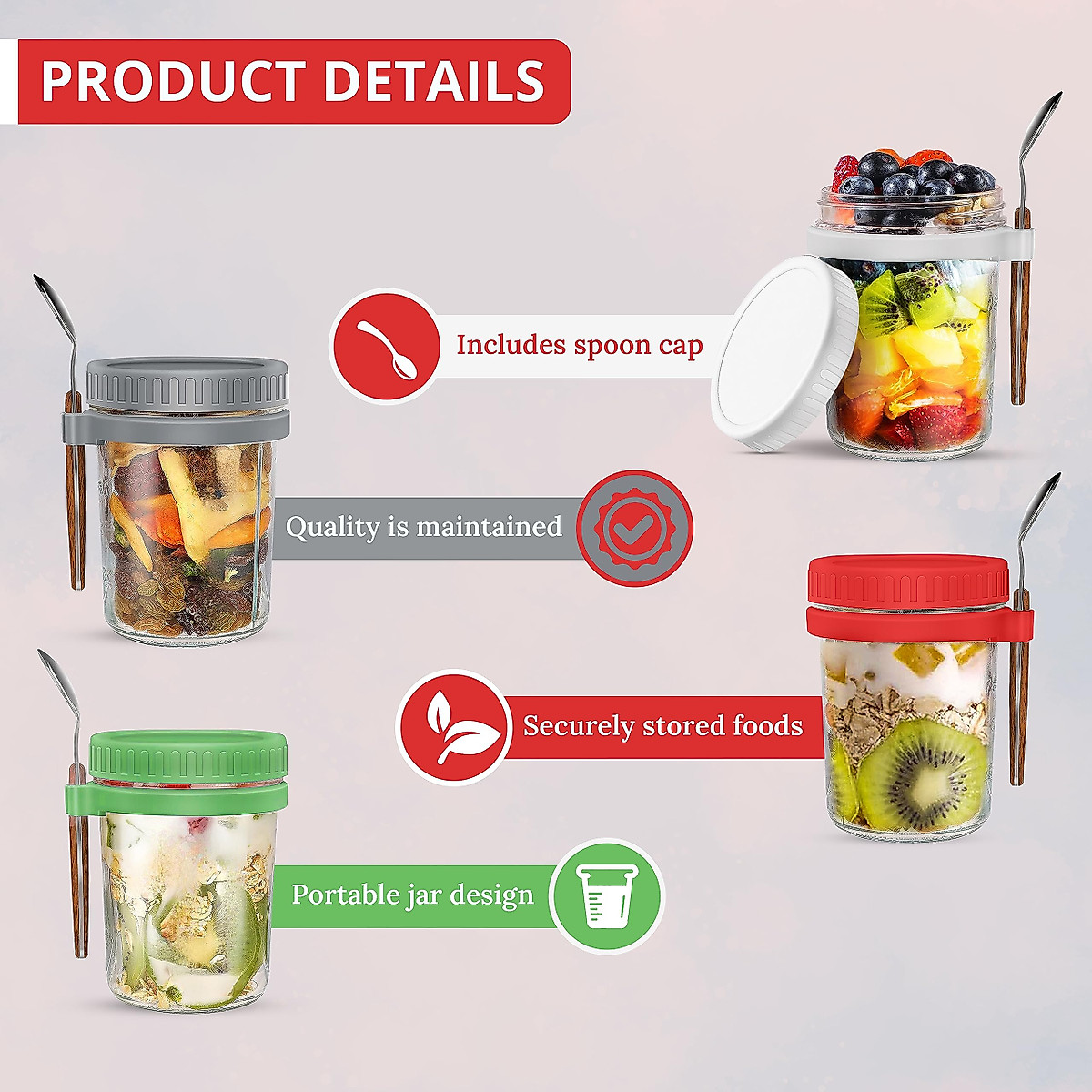 Overnight Oats Container with Lid and Spoon Airtight 16 oz Glass for Cereal Yogurt Milk Fruit, chia pudding jars, Overnight Oats Leak Proof Oatmeal Container, yogurt container with lids, 4-pack