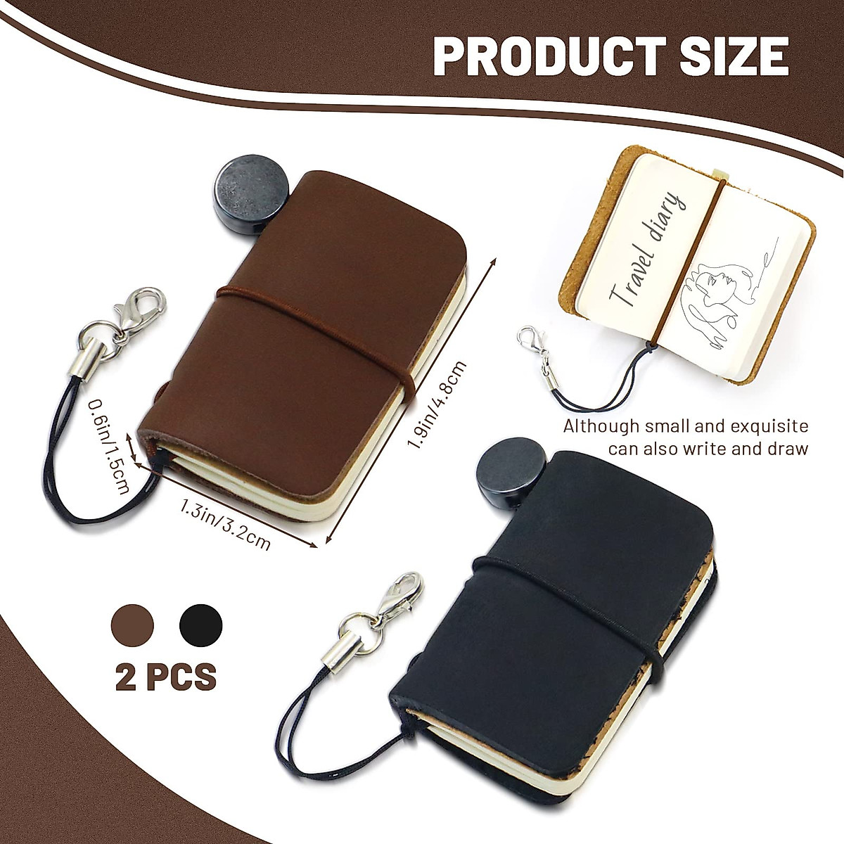 Yitexin Pack of 2 Miniature Travelers Notebook 4.8x3.2cm(1.9’’x1.3’’), Handmade Tiny Leather Travels Notebook, Vintage Mini Notebook Diary Journal, Pocket Diary