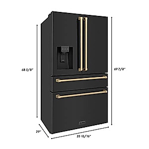 ZLINE 36" Autograph Edition Freestanding French Door Refrigerator with Water and Ice Dispenser in Fingerprint Resistant Black Stainless Steel with Champagne Bronze Handles (RFMZ-W-36-BS-CB)