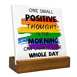 QiCHo Inspirational Quotes Desk Decor Gifts One Small Positive Thought Office Desk Sign Encouragement Cheer Up Gifts Office Inspiration Positive Plaque With Wooden Display Stand