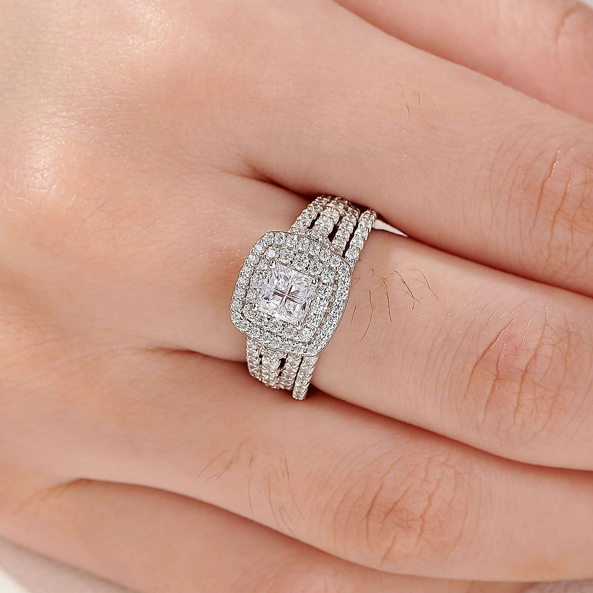 Newshe Wedding Rings for Women Engagement Ring Sets Sterling Silver Cz 1.7Ct Princess Cross Size 7