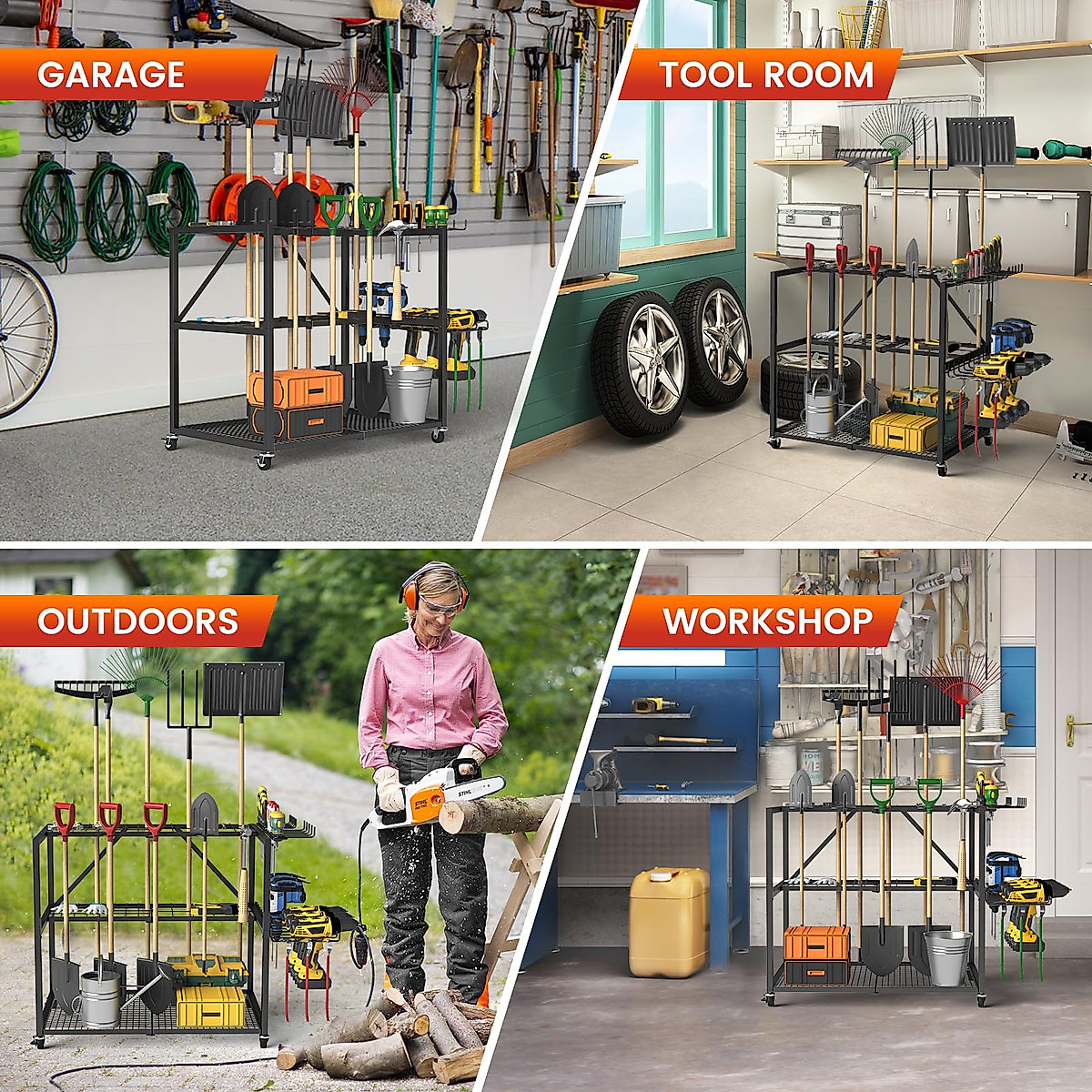 Keeswin Garden Tool Organizer with Wheels, 3 Tier Large Garage Tool Storage Organizer,Up to 50 Long-Handled Tools, 4 Drills Holder with 10 Hooks, 10 for Screwdrivers, Large (31.5''D x 25" W x 16" H)