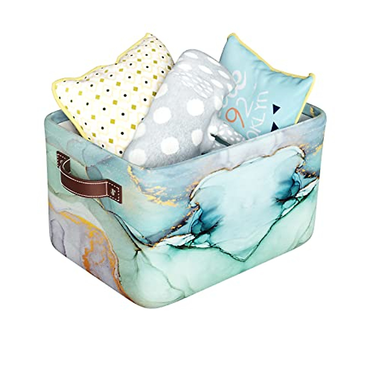 Qumstemily Marble Storage Bins for Shelves, Jade Texture Green Teal Collapsible Storage Boxes Basket for Bedroom/Kitchen, Closet Organizers with Handle, Marble Ink Paint Storage Cubes - 1 Pack