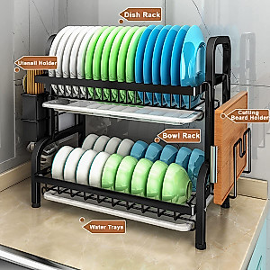 Dish Drying Rack, Rustproof 2-Tier Dish Rack -Multifunctional Dish Rack with Utensil Holder, Cutting Board Holder and Dish Drainer for Kitchen Counter (Black)
