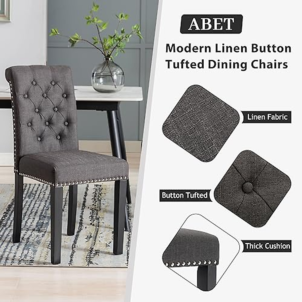 ABET Modern Dining Chairs Set of 2, Button Tufted Parsons Dining Chairs, Upholstered Fabric with Nailheads and Solid Wood Legs, Stylish Kitchen Chairs with Padded Seat, Dark Grey