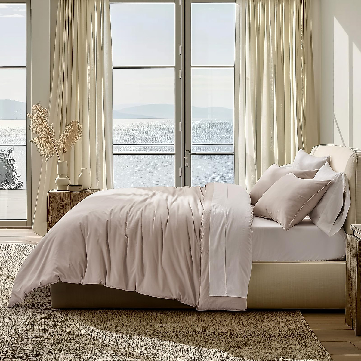 EVERGRACE Cotton Tencel Duvet Cover Set Queen Size, Silky Soft Cooling Duvet Cover for Hot Sleepers, Luxe Eucalyptus Lyocell Comforter Cover, Breathable Organic Bedding Set with 2 Shams, Beige Sand