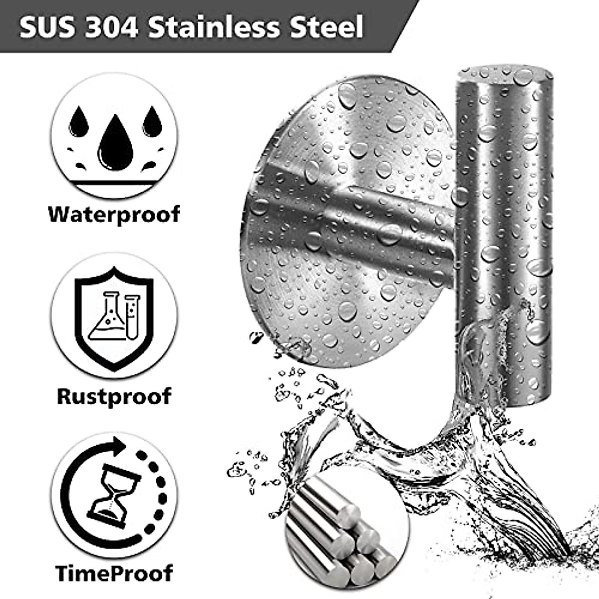 Adhesive Towel Hooks Heavy Duty Wall Hooks Stainless Steel Waterproof Shower Towel Hooks, Coat Hooks for Hanging Clothes, Door Hooks Adhesive Hooks for Bathroom- 2 Pack, Silver