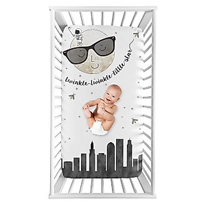 Sweet Jojo Designs Moon and Star Boy or Girl Fitted Crib Sheet Baby or Toddler Bed Nursery Photo Op - Grey, Black and Gold Modern Celestial City Skyline Twinkle Twinkle Little Star
