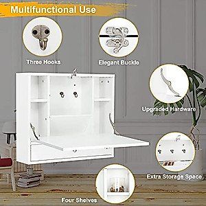 VINGLI Wall-Mounted Floating Desk with Drawer，Foldable Table Space-Saving Computer Desk Laptop Workstation Home Office Writing Desk Vanity Table for Small Spaces (White)