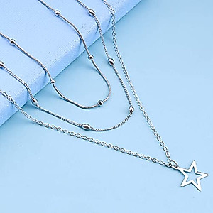 Yheakne Boho Layered Star Choker Necklace Silver Star Pendant Necklace Layering Satellite Chain Necklace Outline Star Necklace Chain Jewelry for Women