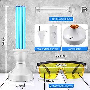 Qualirey 25 Watt UV Light Sanitizer, UVC Lamp with E27 Base and Remote Control and UV Protection Glasses, UV Light Bulb for Basement, Bedroom, Kitchen, with Ozone