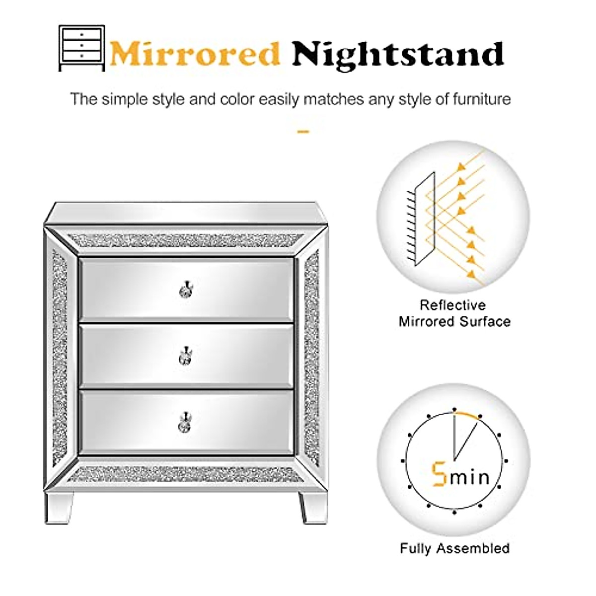 VINGLI Mirrored Nightstands Set of 2 Modern Bedside Table 3 Drawer Glass Side End Table Silver Dresser for Bedroom, 23”L x 13.8”W x 24.3”H
