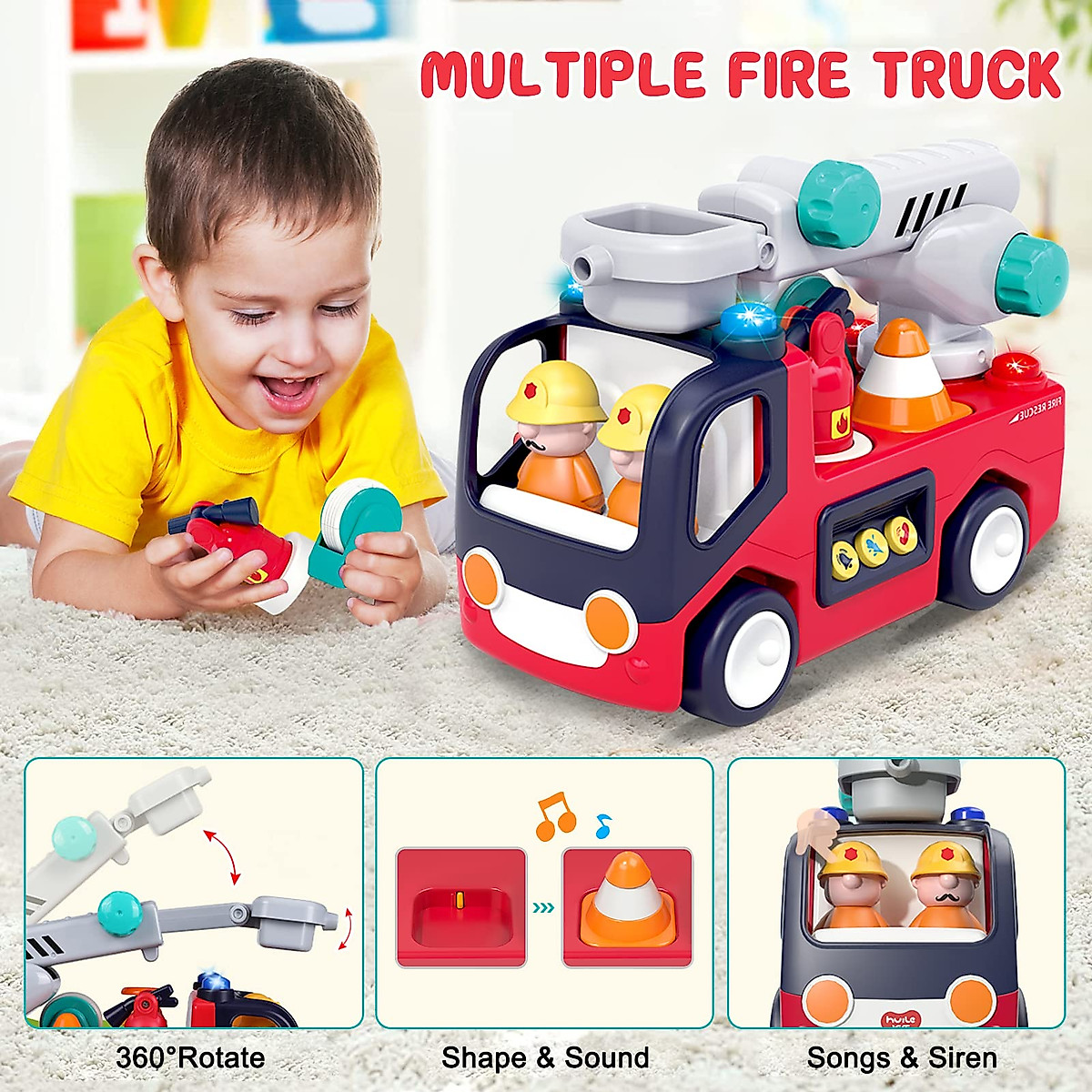 Fartoier Baby Toys 12-18 Months Fire Truck Musical Toys for 1 2 3 Year Old Boys Girls with Fireman/Ladder/Light, Early Educational Infant Toddler Toys 6 to 12 Months Birthday Ages 1-3