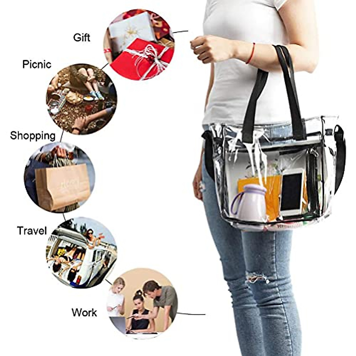 SHERCHPRY Clear Tote Bag with Zipper Closure, Crossbody Messenger Shoulder Bag, PVC Clear Cross- Body Purse with Adjustable Strap for Work, School, Exam, Gym, Stadium