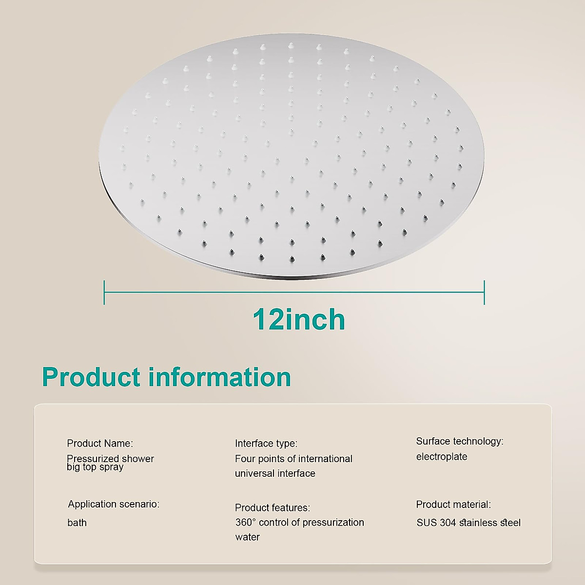 AULEEND 12 Inch Round Shower head, High Flow Stainless Steel Rainfall Shower Head, High Pressure Design (Brushed Nickel, 12)
